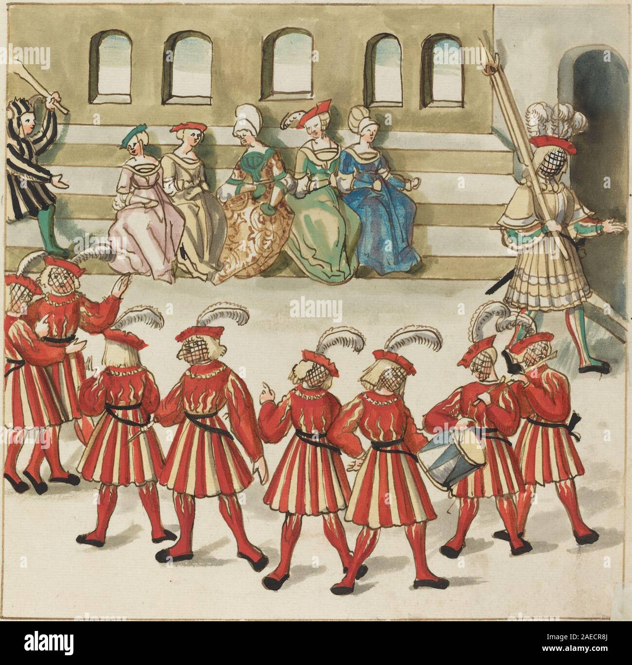 Masquerade, created circa 1515 in Germany, depicts costumed figures in ...
