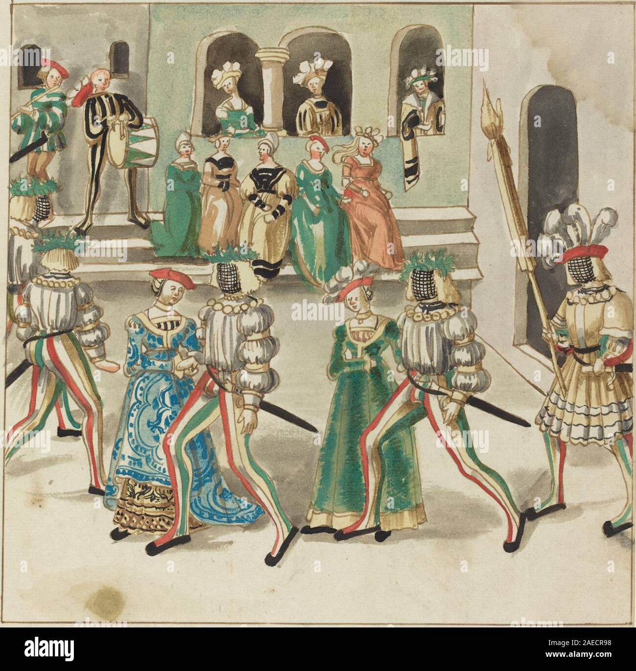 This circa 1515 German 16th-century painting depicts a masquerade scene ...