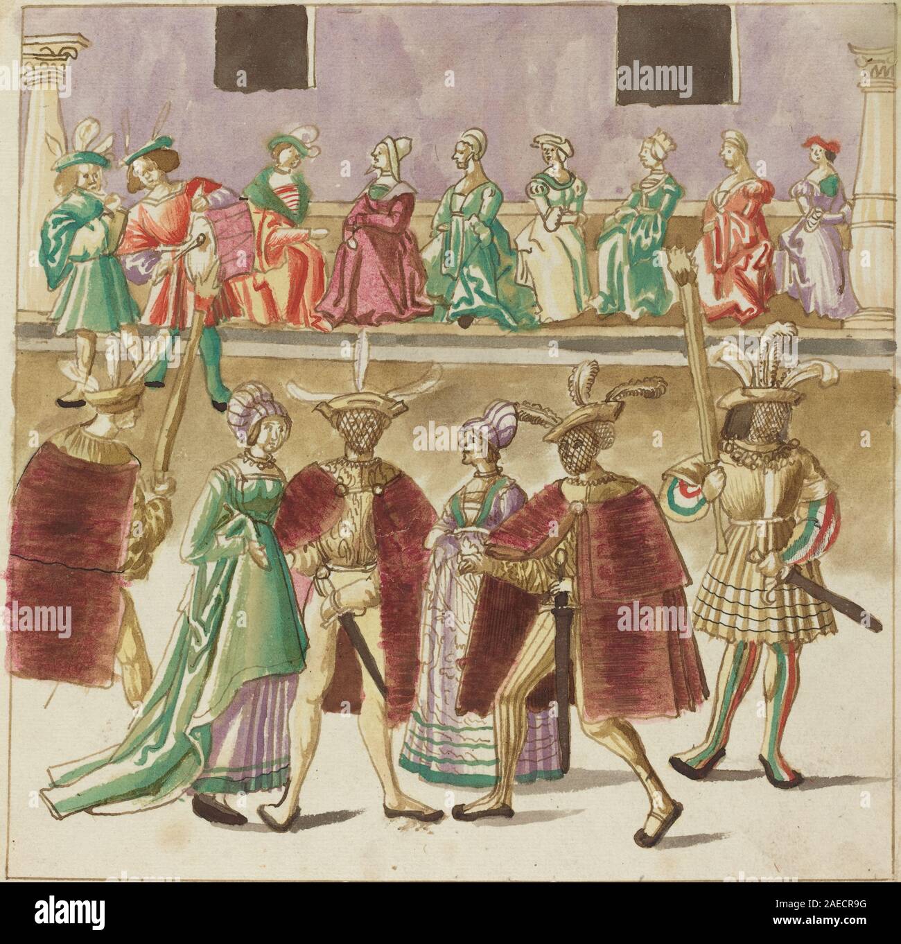 This German 16th-century artwork (c. 1515) depicts a masquerade scene ...