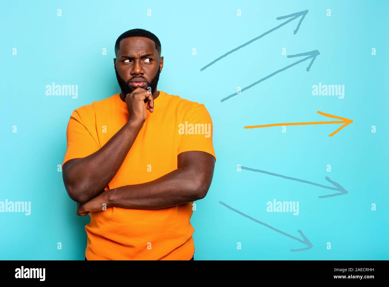 Confused Man have to choose the right arrow to follow. Concept of ...