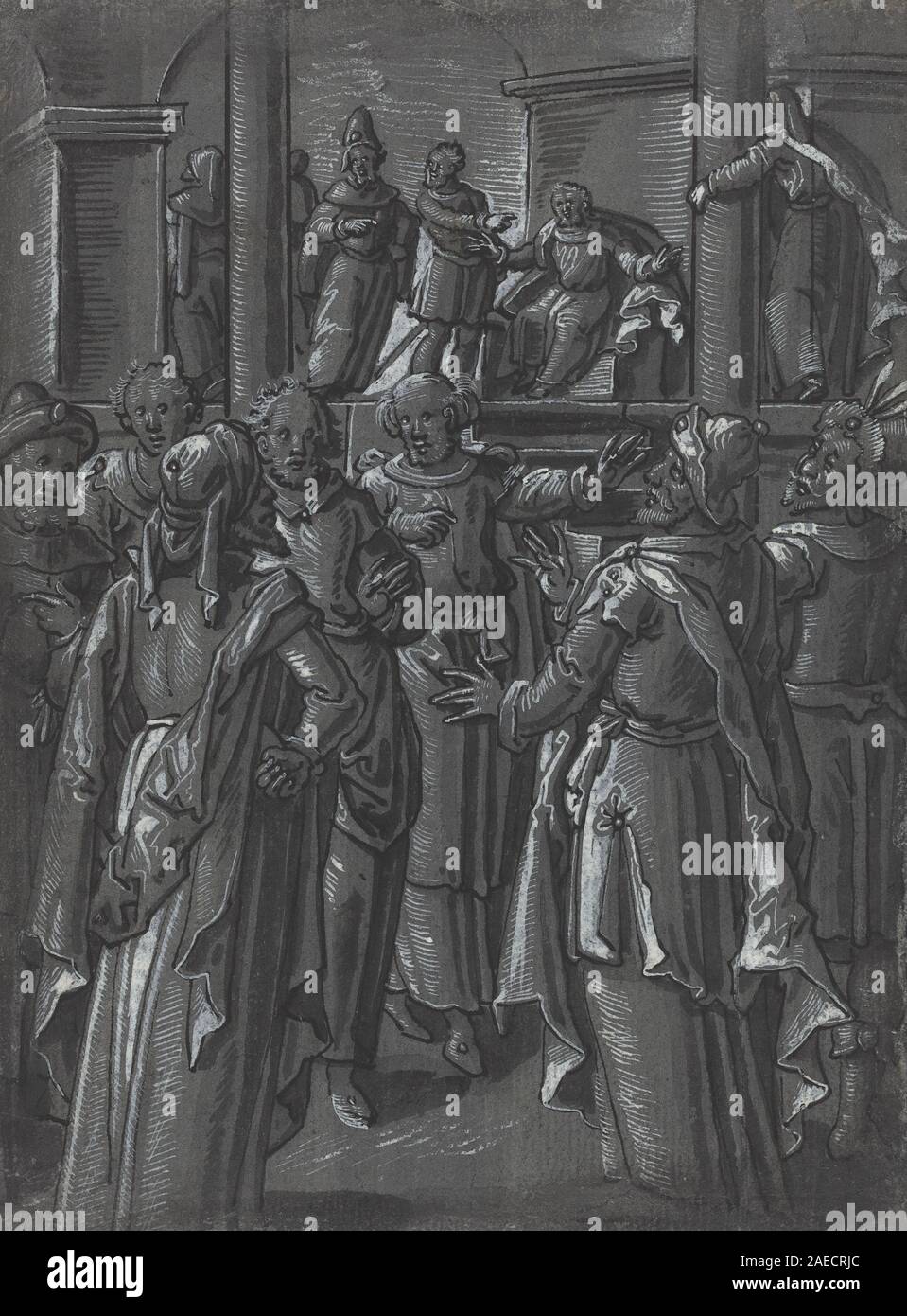 A 16th-century German artwork depicting the High Priest before Pilate ...