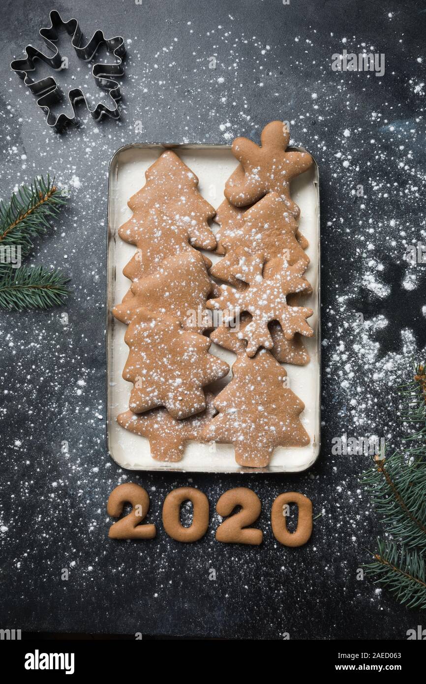 Set of Christmas holiday gingerbread cookie different shape on black ...