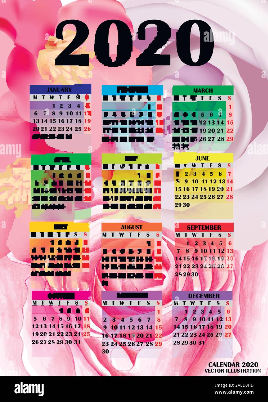 Year 2020 calendar. Colorful design for calendar 2020 with flowers ...