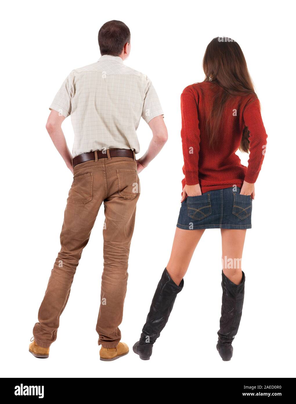 Back view of couple. beautiful friendly girl and guy together. Rear ...