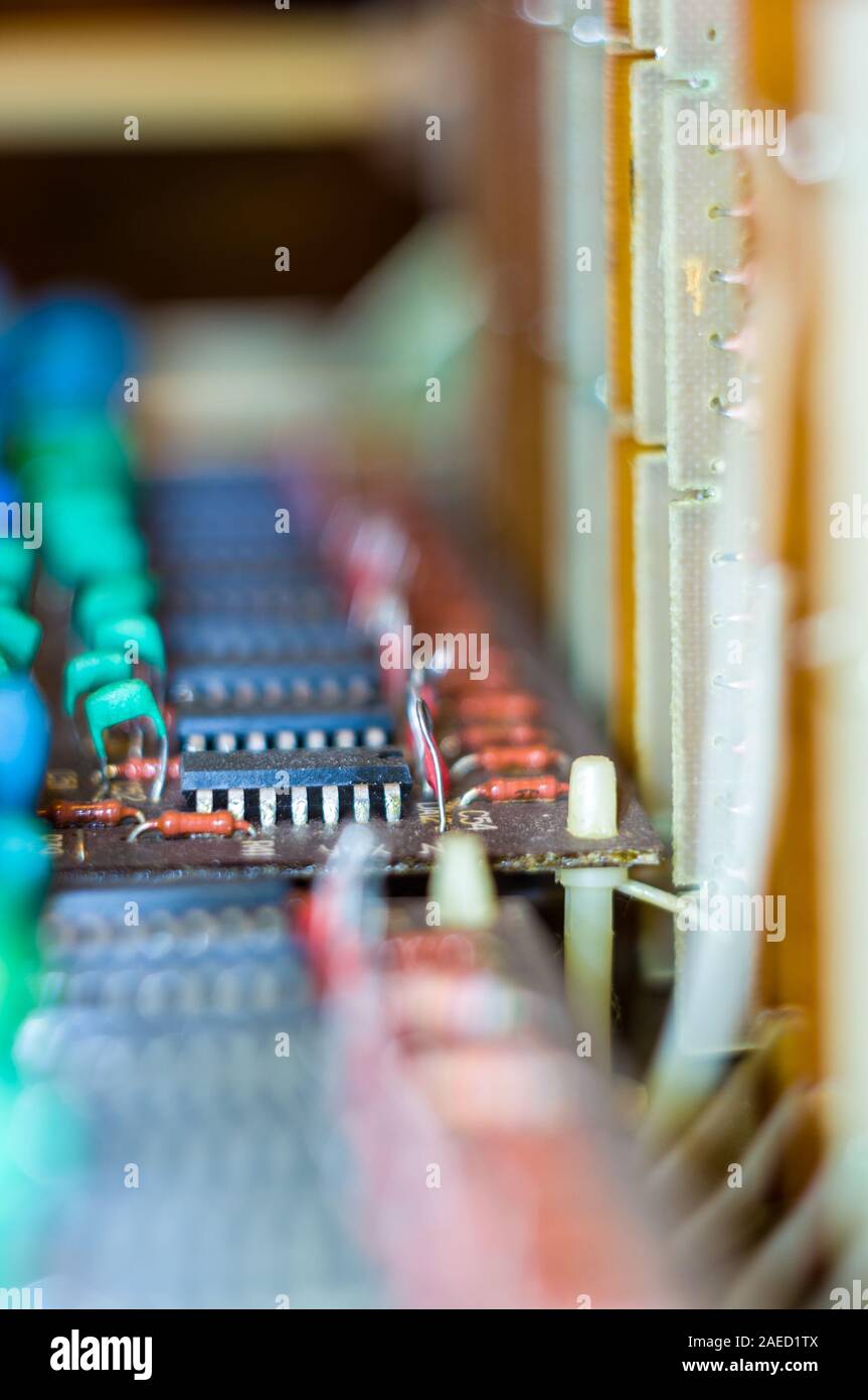 Vintage electronic circuit boards with radio parts and chips, close-up ...
