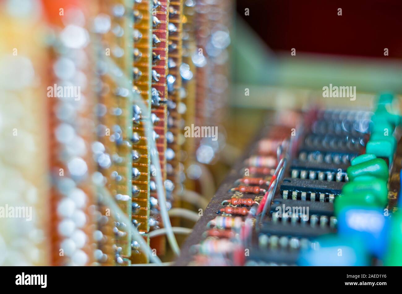 Vintage electronic circuit boards with radio parts and chips, close-up ...