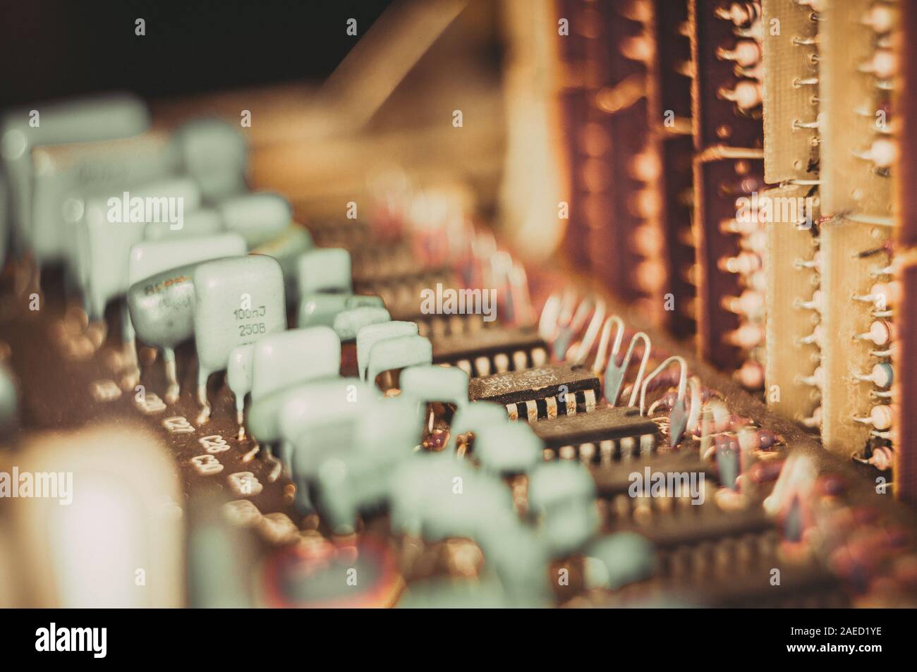 Vintage electronic circuit boards with radio parts and chips, close-up ...
