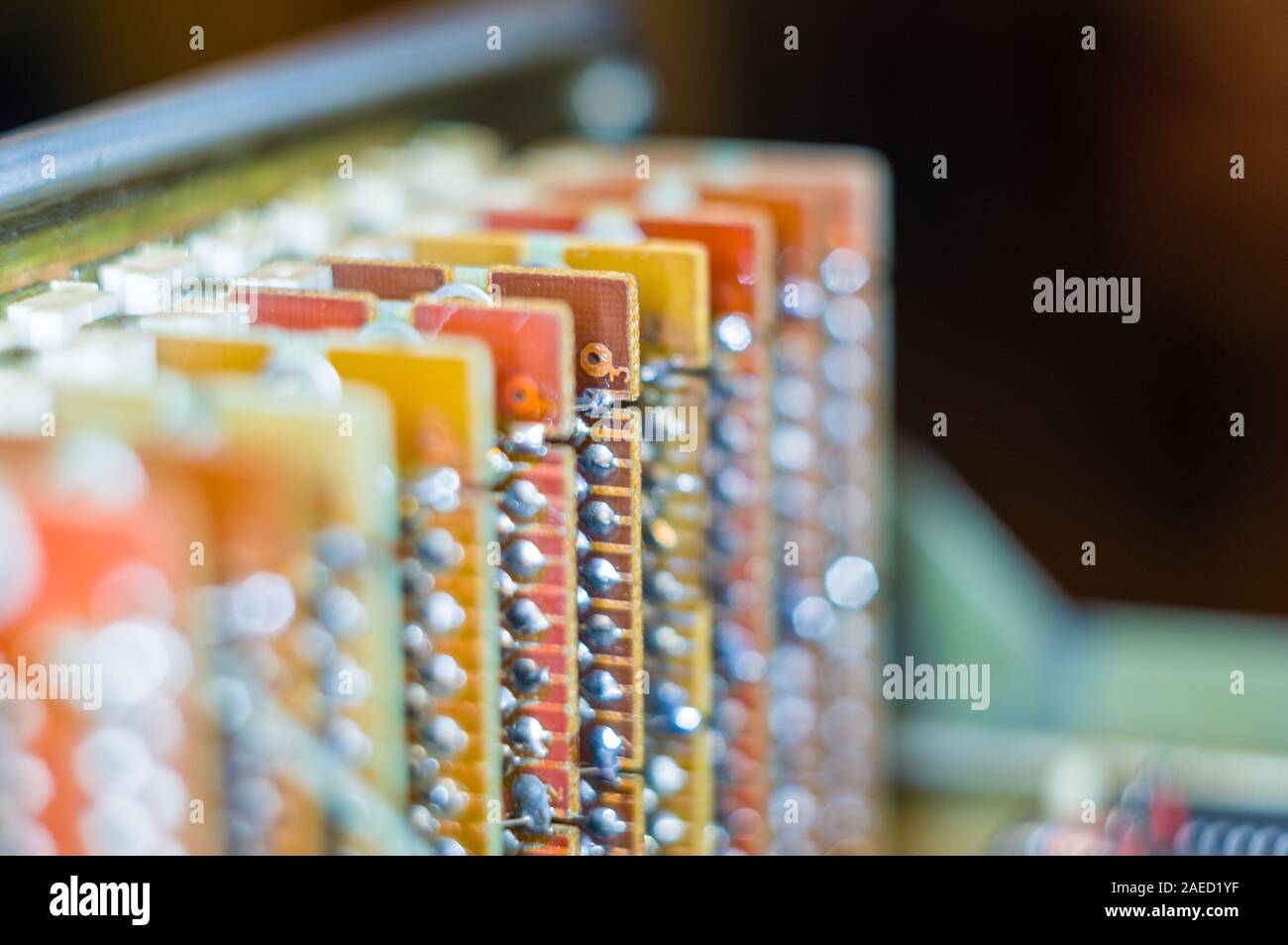 Vintage electronic circuit boards with radio parts and chips, close-up ...