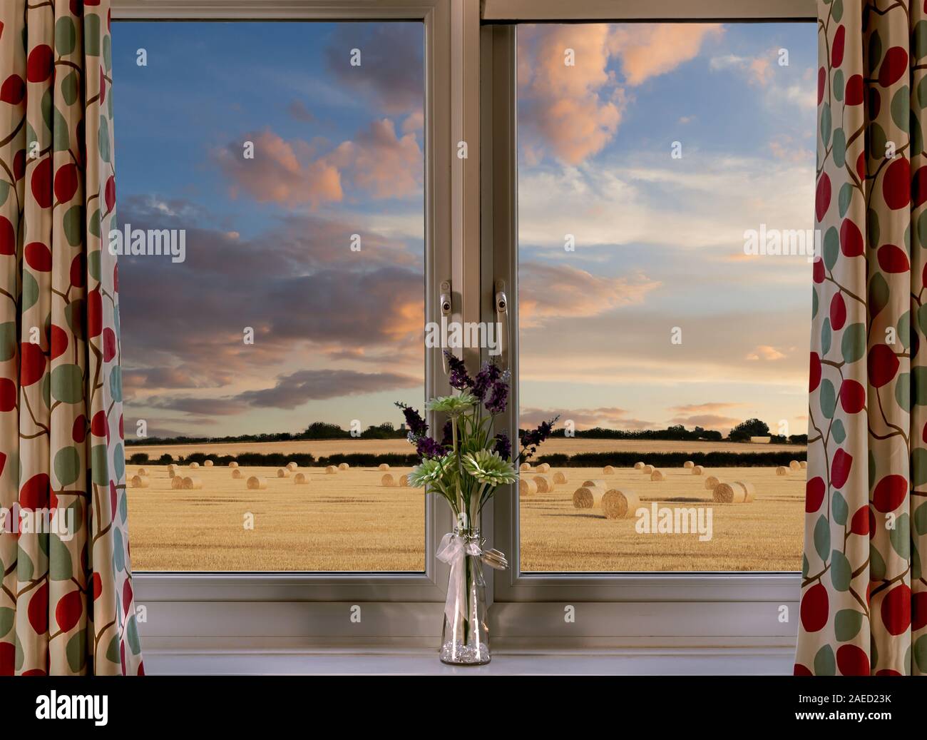 Looking out from a beautiful window onto a rural field of wheat and ...