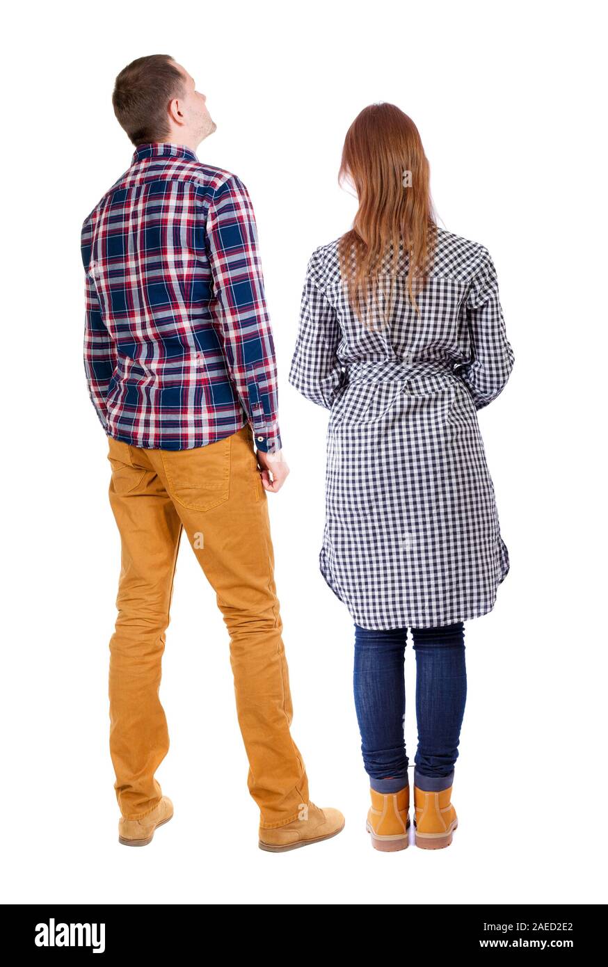 Back view of couple. beautiful friendly girl and guy together. Rear ...