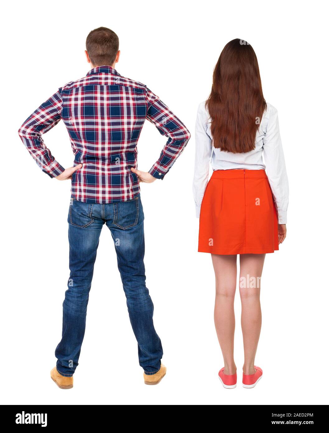 Back view of couple. beautiful friendly girl and guy together. Rear ...