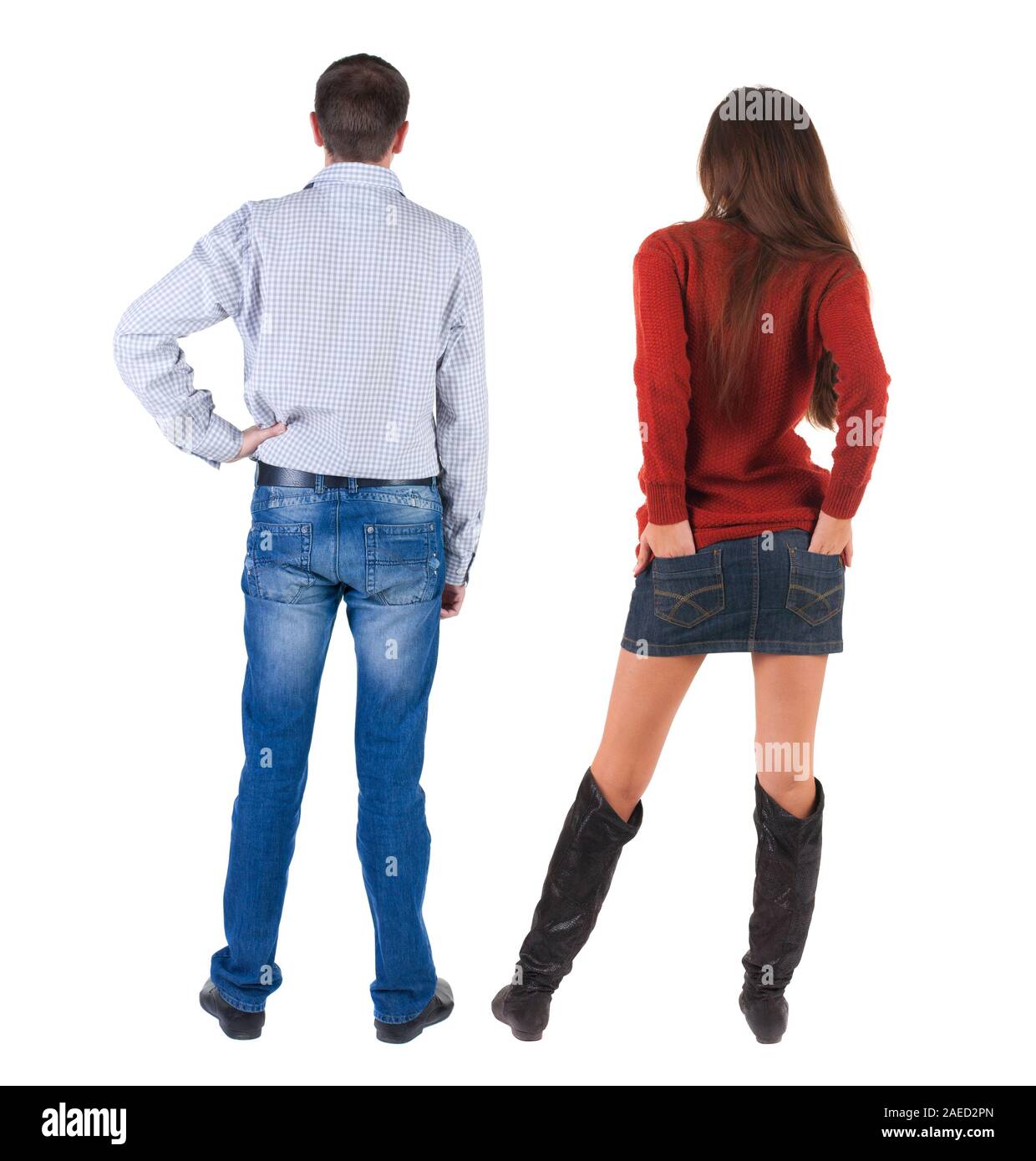 Back view of couple. beautiful friendly girl and guy together. Rear ...