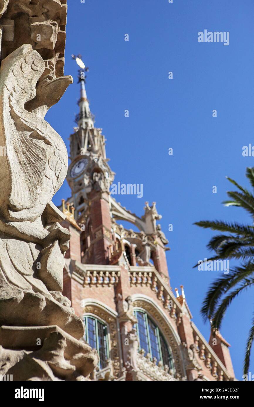 External stone feature of the Hospital de la Santa Crei i Sant Pau with ...