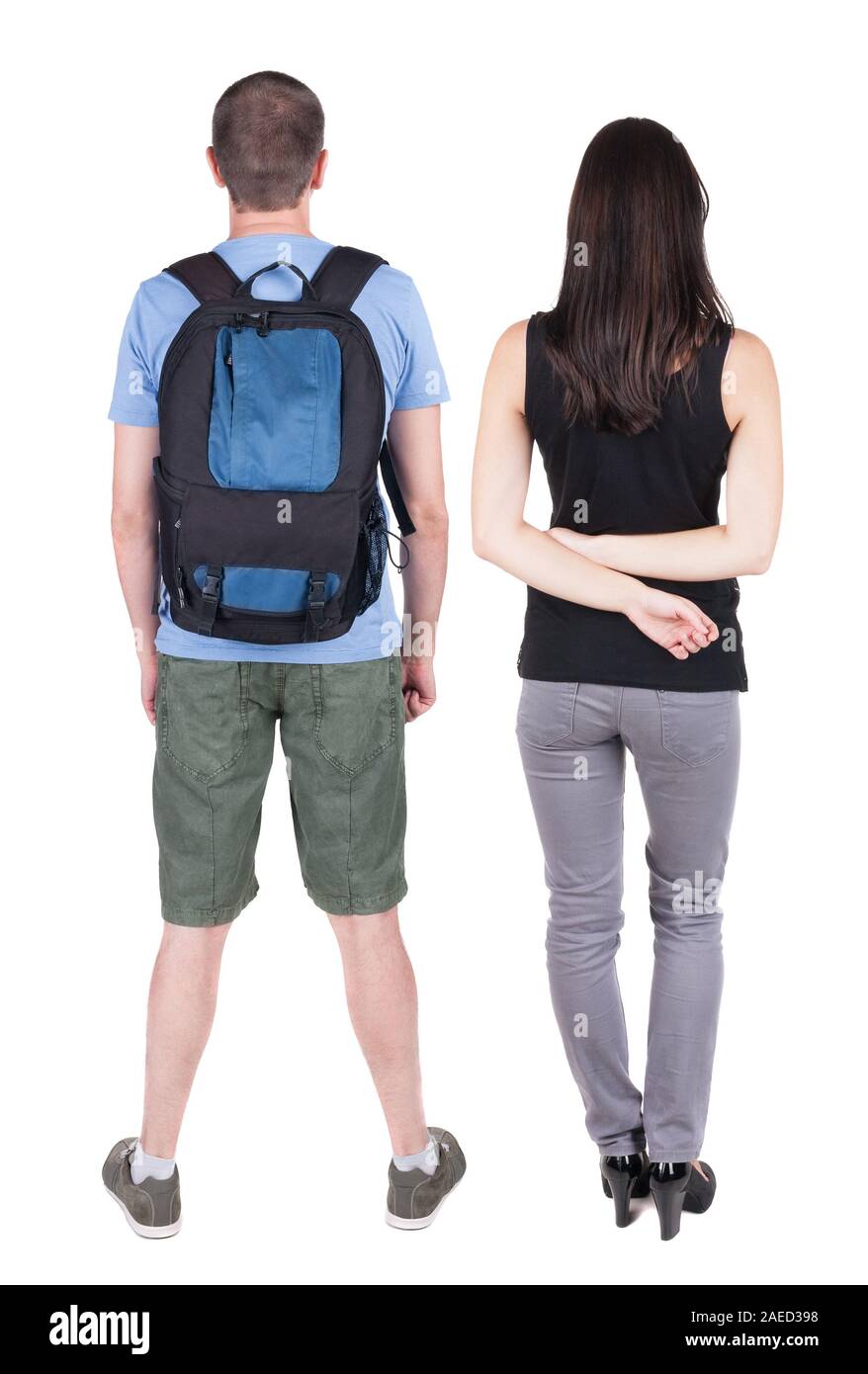 Back view of couple. beautiful friendly girl and guy together. Rear ...