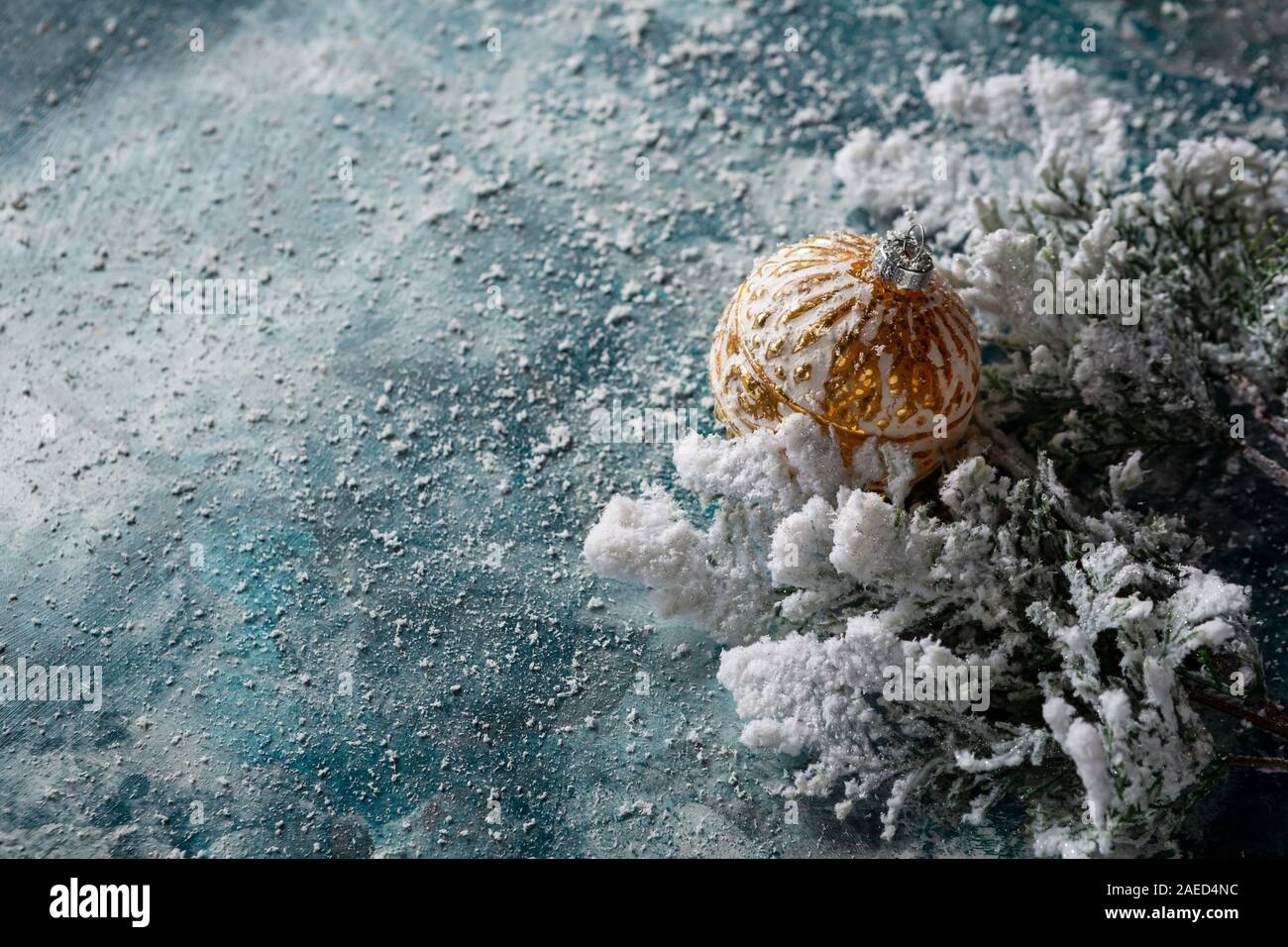 Christmas background with glass decorations and snow Stock Photo - Alamy