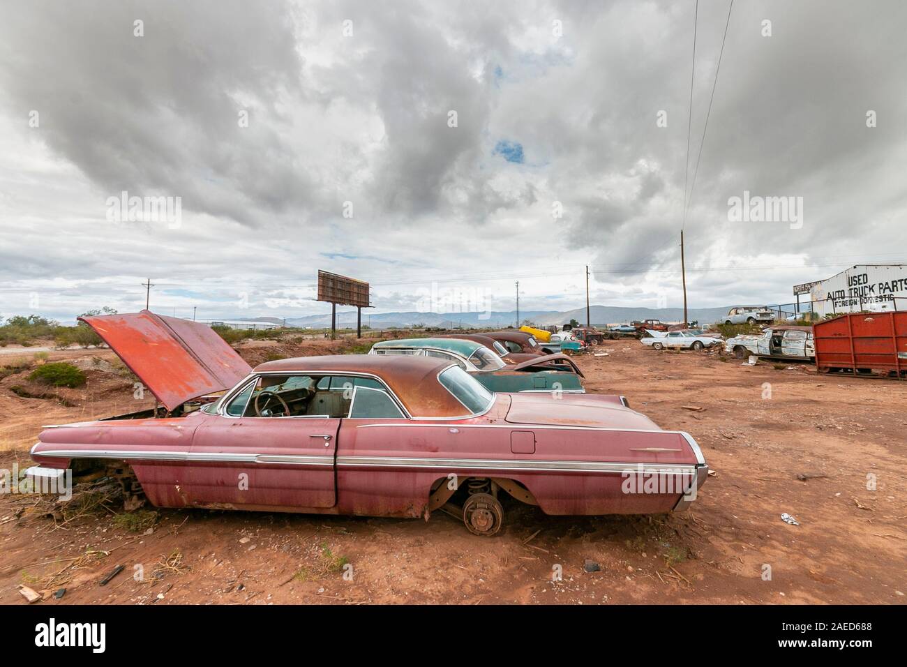 rusty classic vintage American cars on historic Route 66 USA Stock ...
