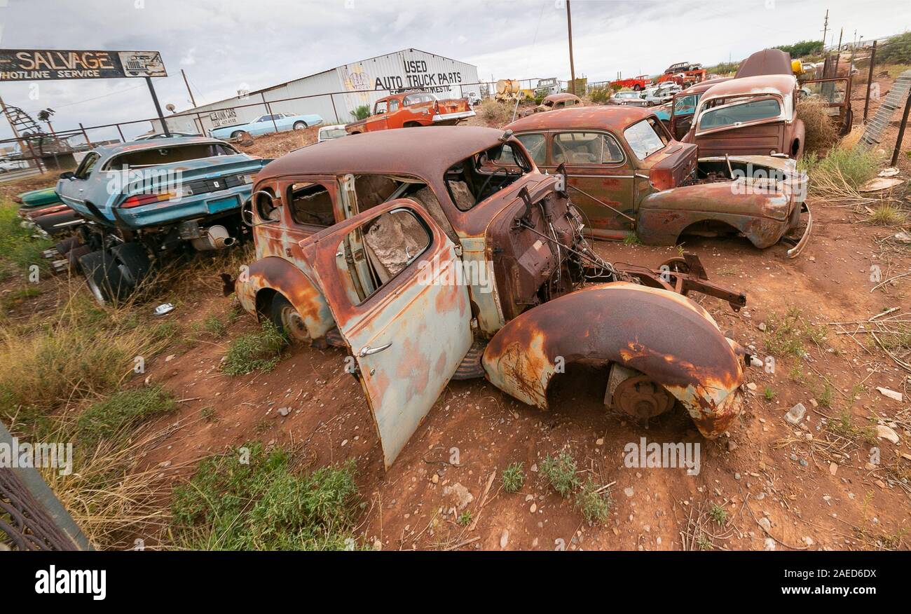 rusty classic vintage American cars on historic Route 66 USA Stock ...