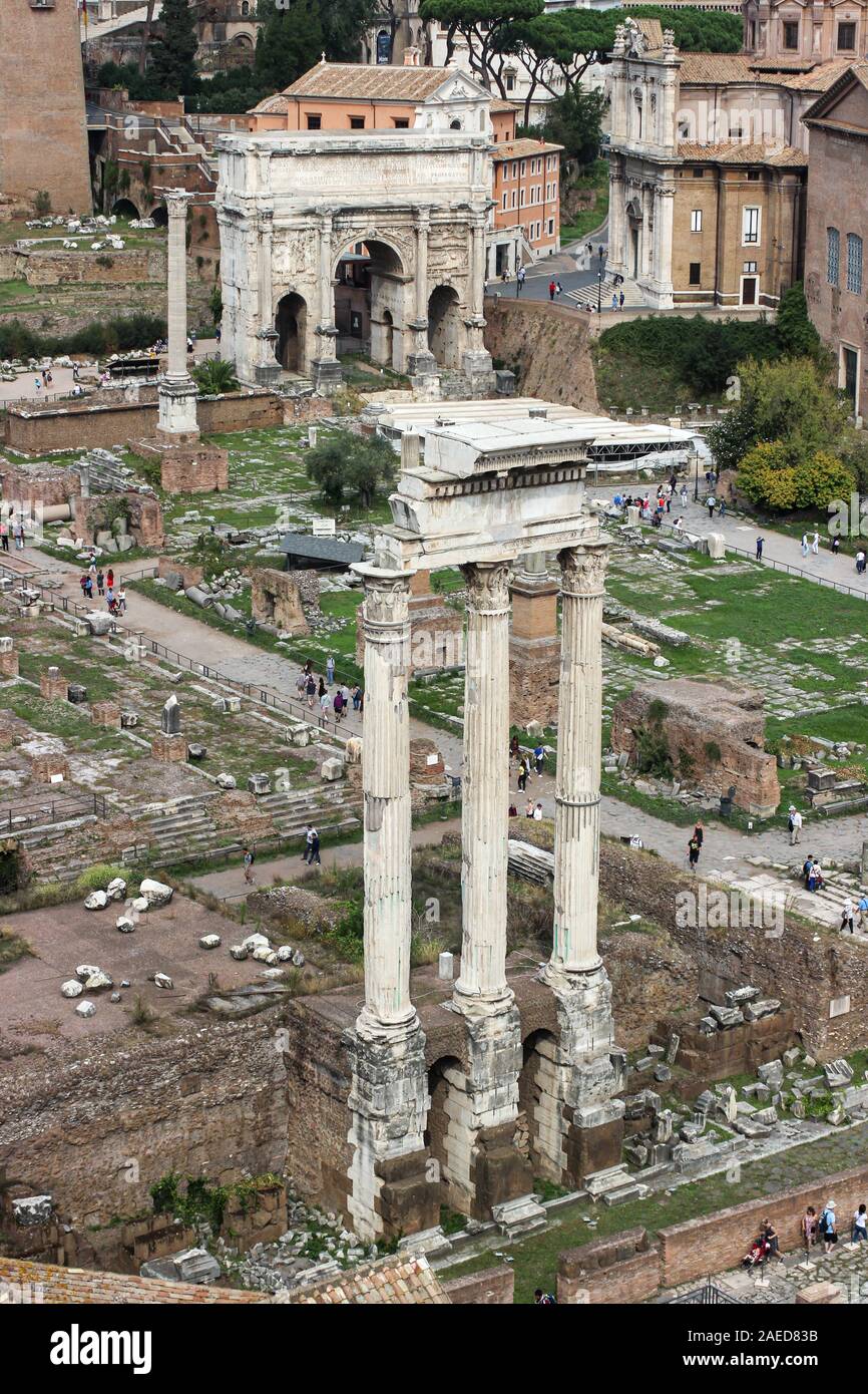 Aerial view of ancient Roman ruins of Castor and Pollux Temple at Forum ...