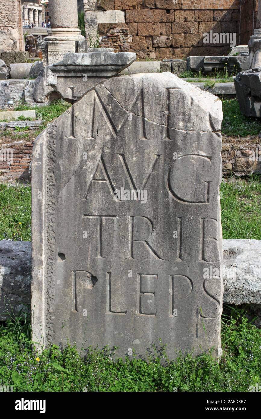 Piece of ancient Roman stone sign at Forum Romanum in Rome, Italy Stock ...