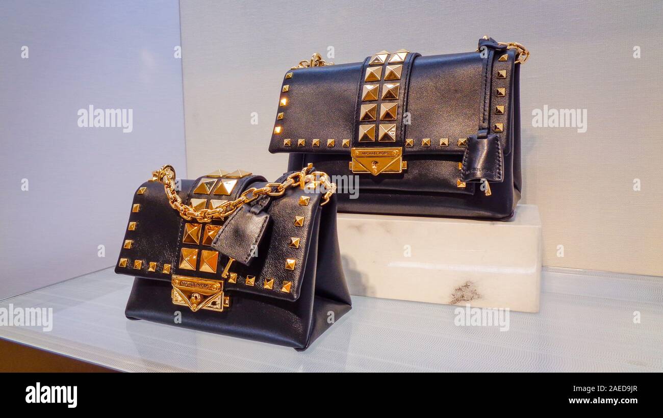 Luxury branded leather bag inside famous shopping center Galerie La ...