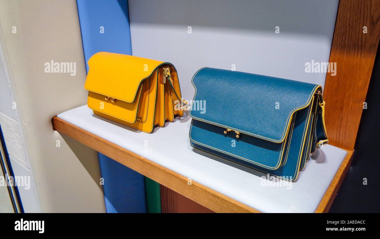 Luxury branded leather bag inside famous shopping center Galerie La ...