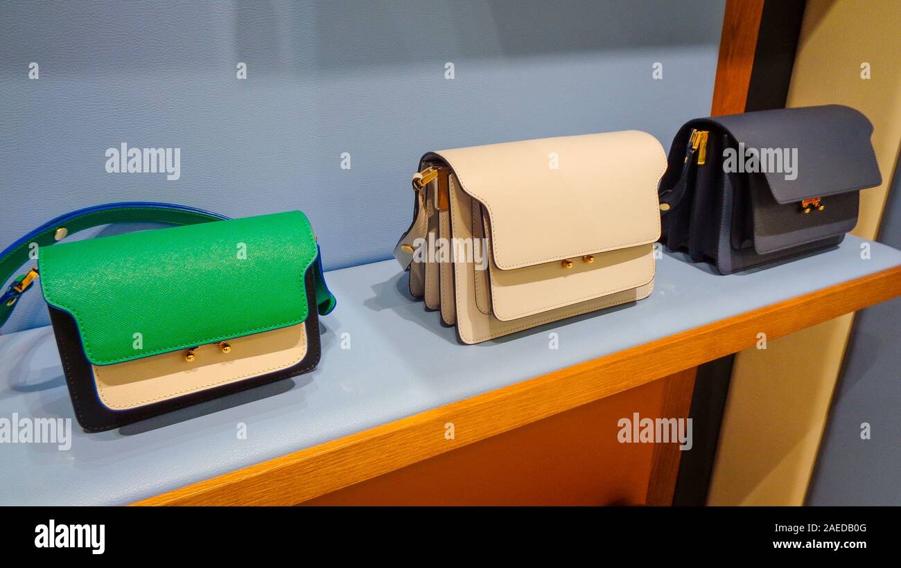 Luxury branded leather bag inside famous shopping center Galerie La ...