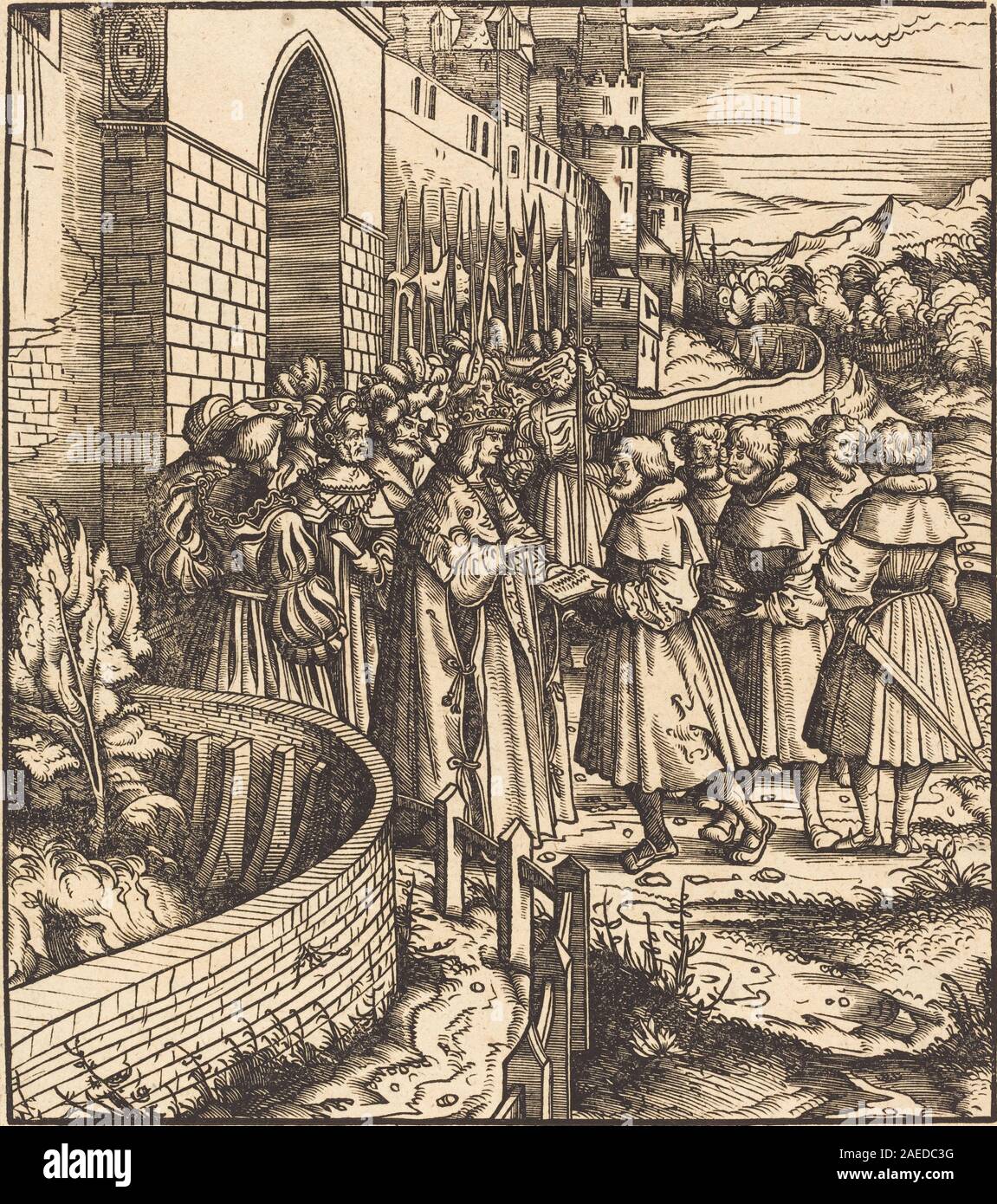 Woodcut by Hans Burgkmair I depicting the Swiss Embassy against the ...