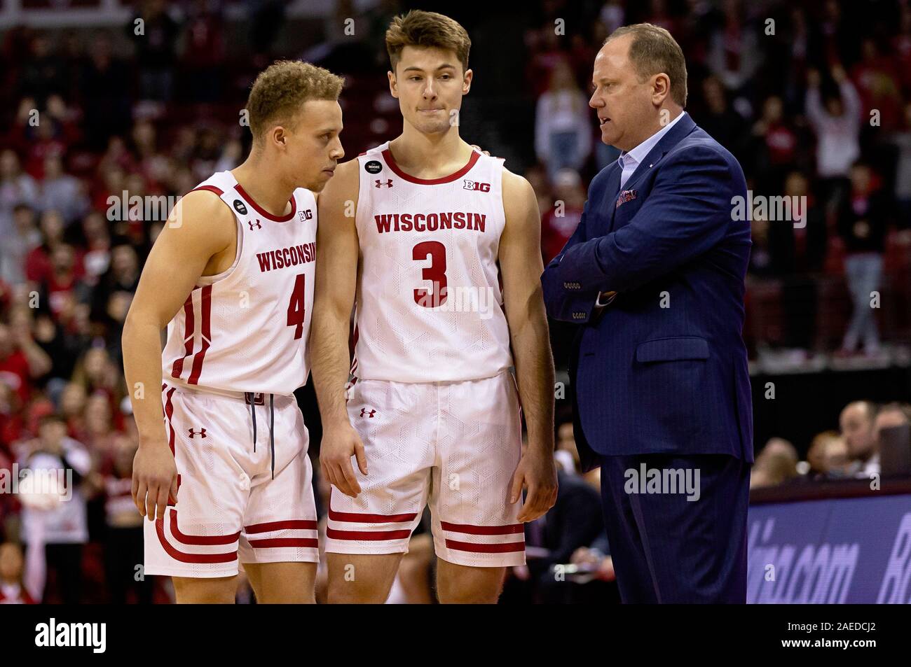Madison, WI, USA. 7th Dec, 2019. Wisconsin head coach Greg Gard talks ...