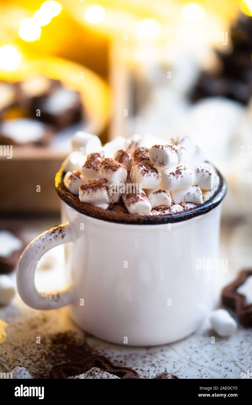 Comforting Christmas food, mug of hot cocoa with marshmallow and ...