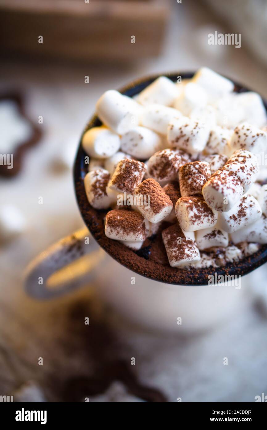 Comforting Christmas food, mug of hot cocoa with marshmallow and ...