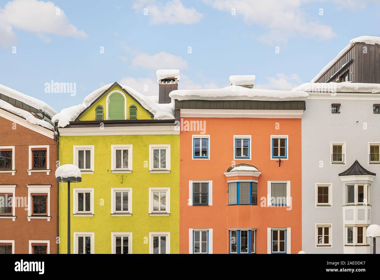 Bright multicolored facades of old medieval buildings in historical ...