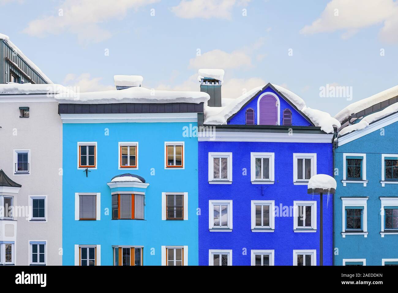 Bright multicolored facades of old medieval buildings in historical ...