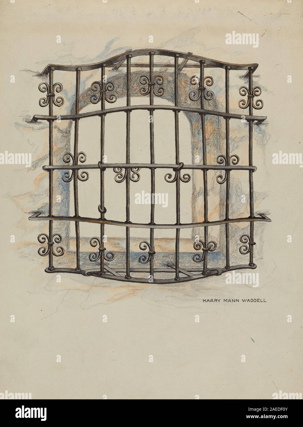 A 1936 restoration drawing by Harry Mann Waddell depicting an iron ...