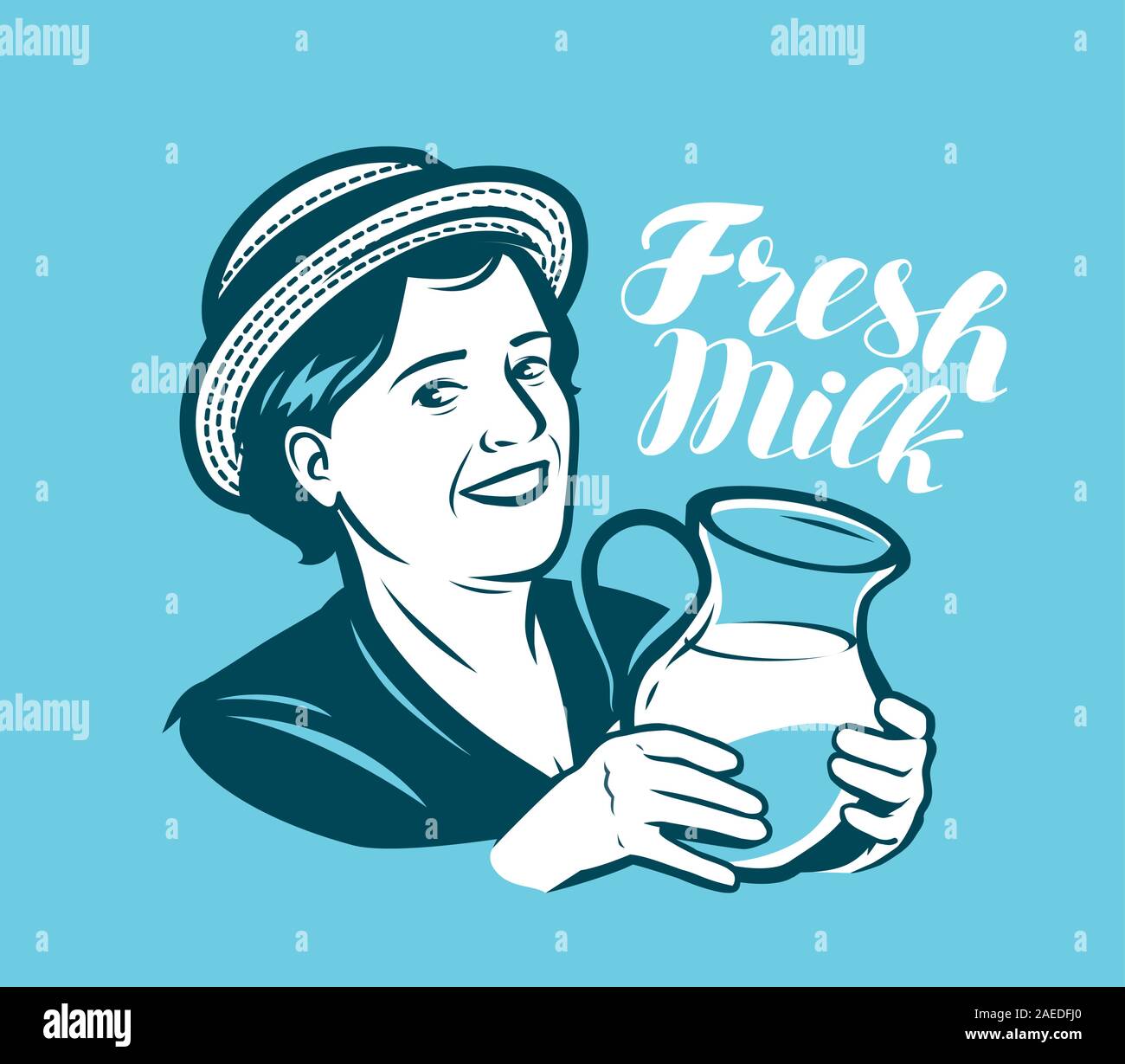 Beautiful woman with a jug of fresh milk. Dairy farm, retro vector ...
