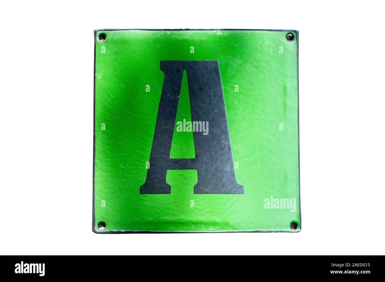 Vintage green square metal enameled plate with capital letter A closeup ...