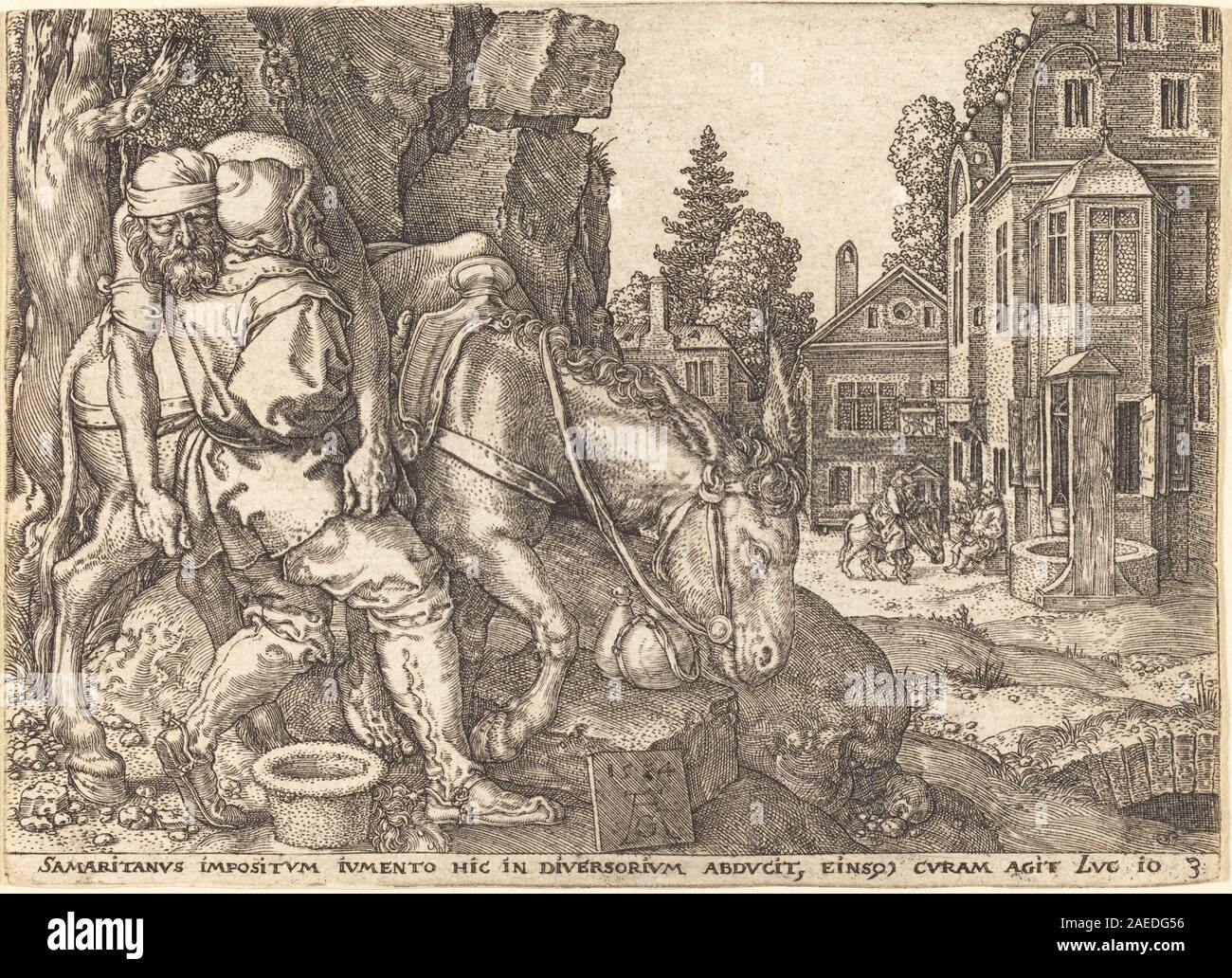 Heinrich Aldegrever's 1554 engraving 'The Good Samaritan Placing the ...