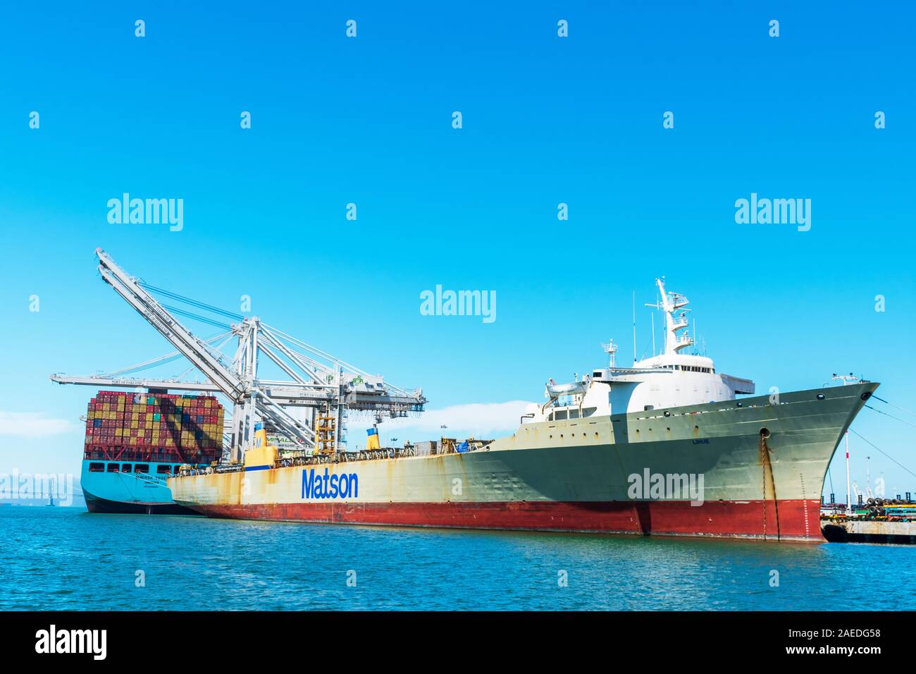 Unloaded Matson container cargo ship docked at Oakland International ...