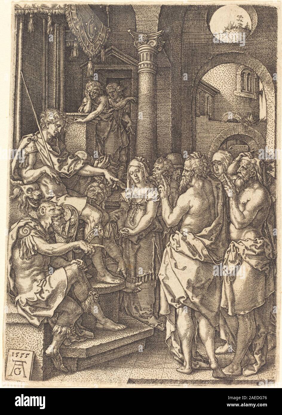 Engraving depicting two elders standing before a judge, showing figures ...