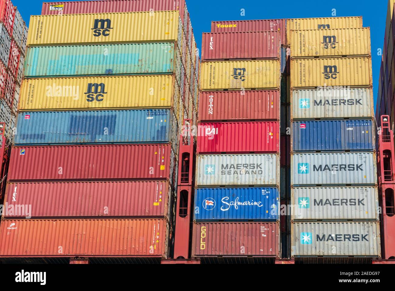 Colorful Maersk, MSC, Hamburg Sud shipping containers stacked at ...