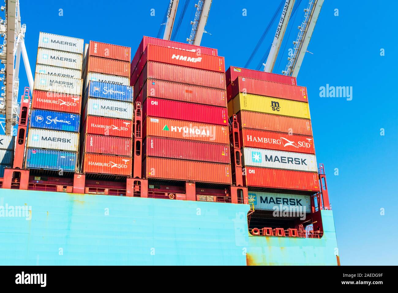 Colorful Maersk, MSC, Hamburg Sud shipping containers stacked at ...