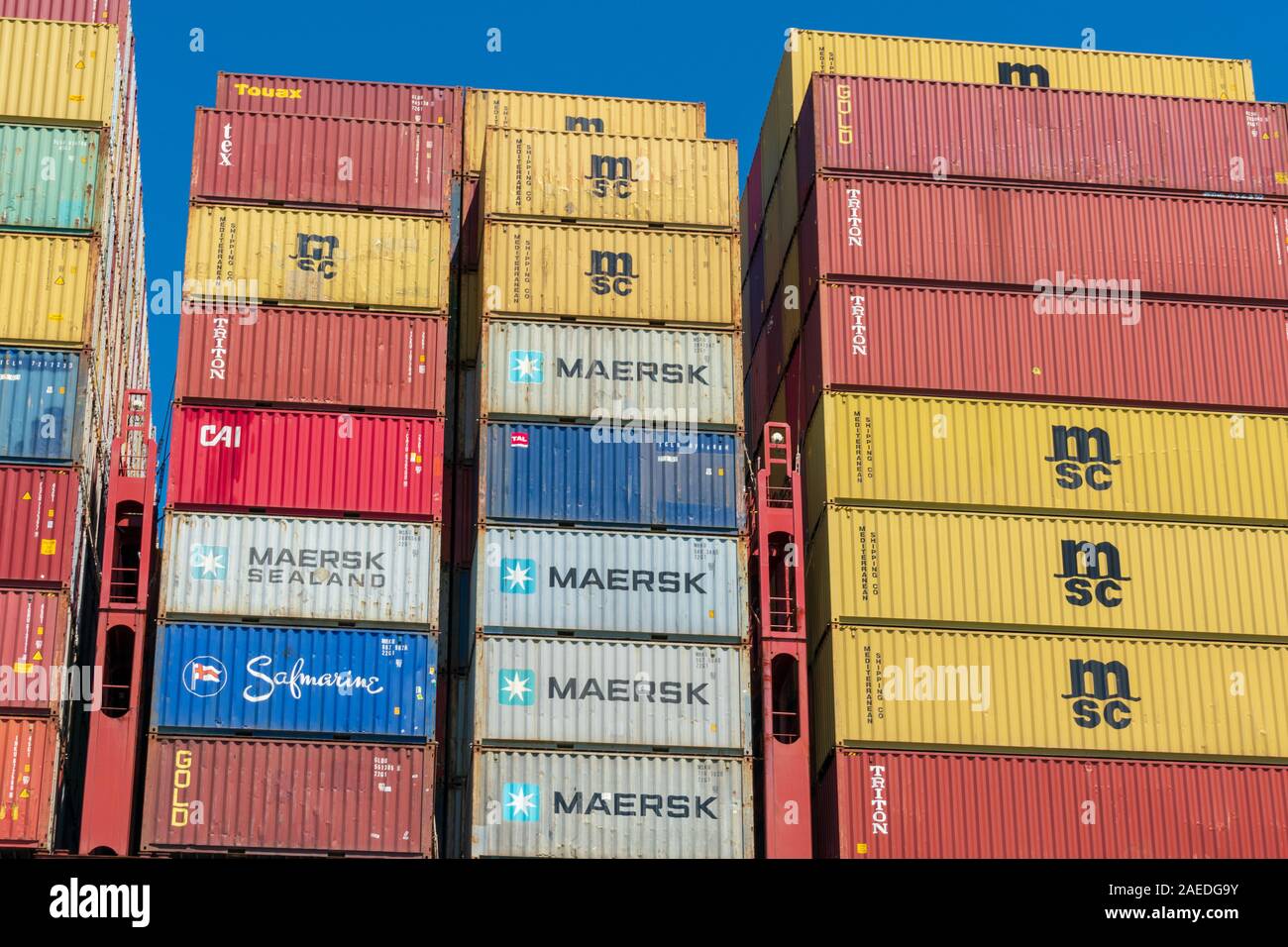 Colorful Maersk, MSC, Hamburg Sud shipping containers stacked at ...