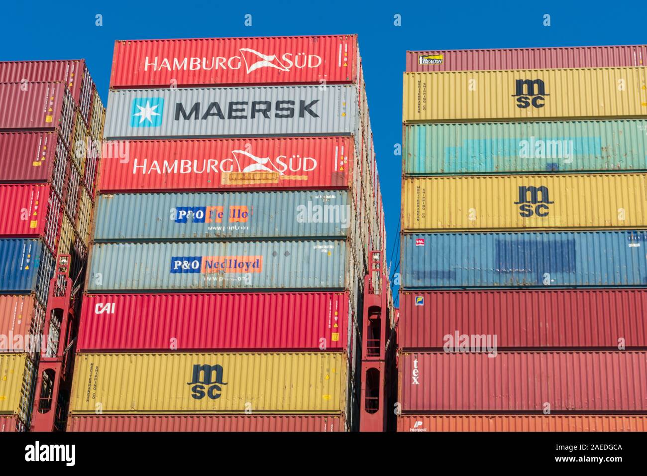 Colorful Maersk, MSC, Hamburg Sud shipping containers stacked at ...