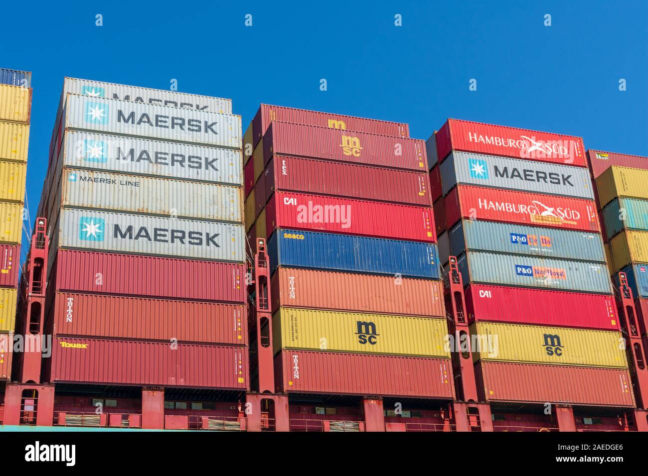 Colorful Maersk, MSC, Hamburg Sud shipping containers stacked at ...