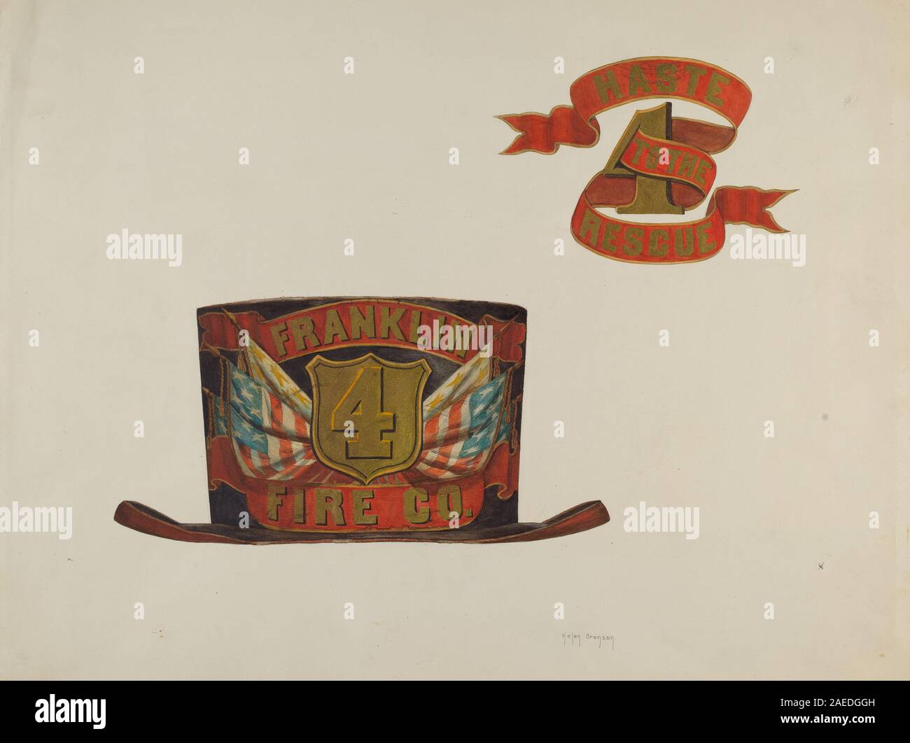 A fireman's hat created circa 1937 by Helen Bronson. The helmet ...