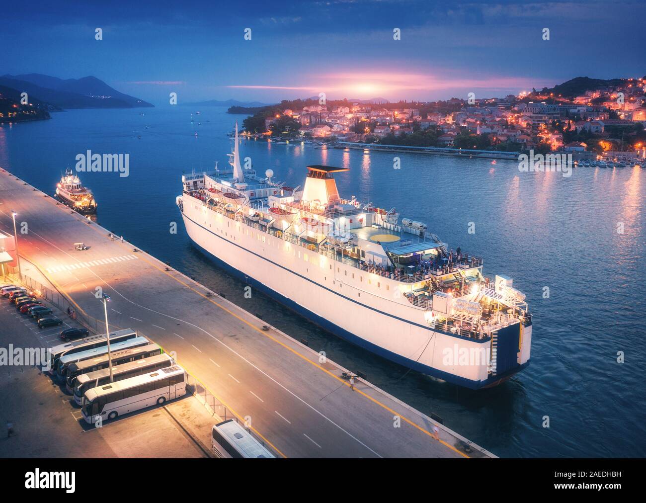Aerial view of cruise ship at harbor at sunset Stock Photo - Alamy