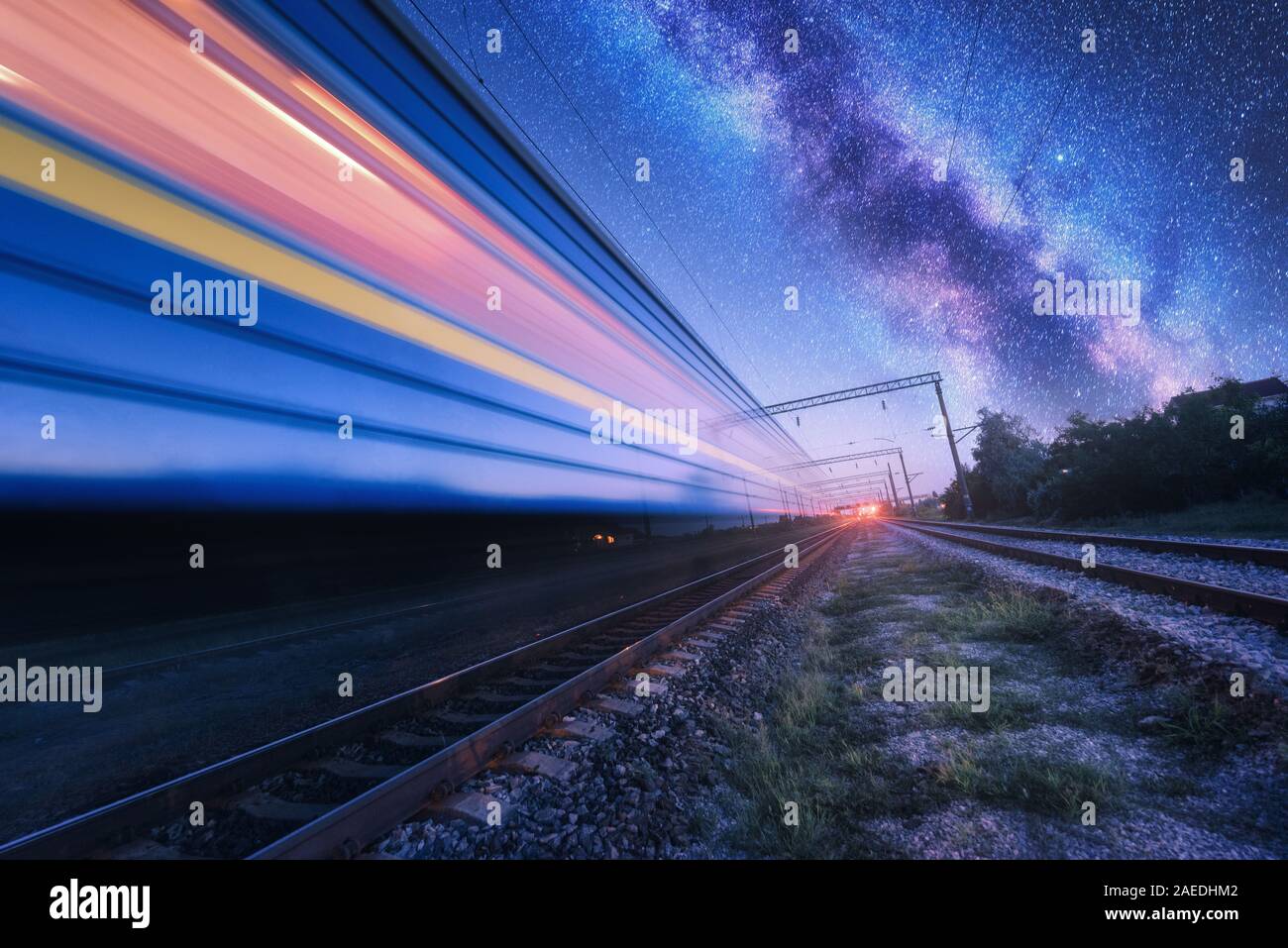 High speed train in motion and Milky Way at starry night Stock Photo ...