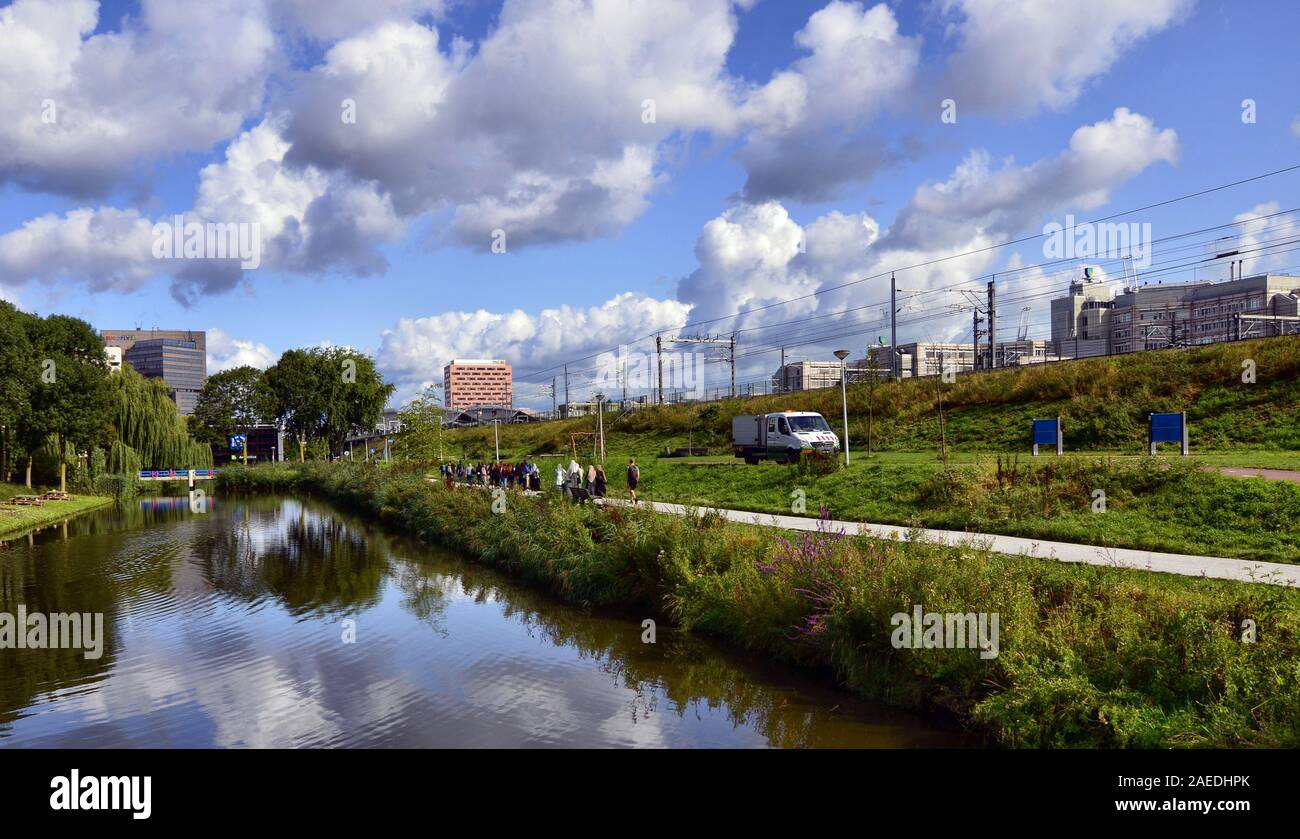 Amsterdam, Holland, August 2019. On the outskirts the canals are lined ...