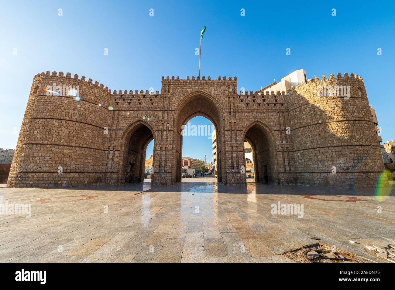 Exterior view of the masoned Makkah Gate or Baab Makkah, an old city ...