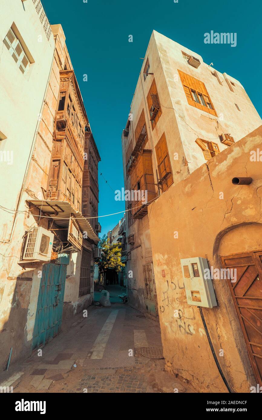 Exterior view of run-down traditional residential buildings at the ...