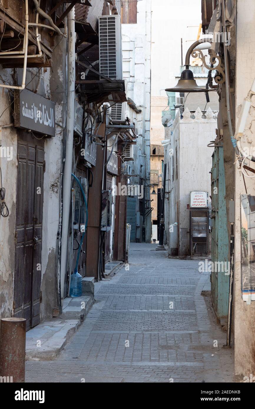 View of a narrow street at the historic district Al Balad in Jeddah ...